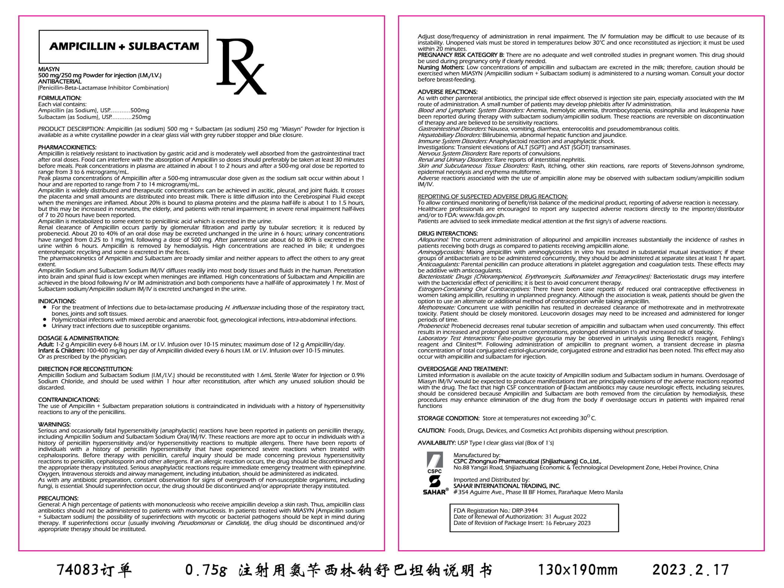 AMPICILLIN SULBACTAM -MIASYN 500mg/250mg | Sahar Pharma